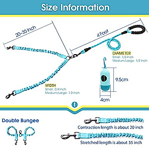 BAAPET Double Dog Leash, 4 FT Rope Dog Leash with Tangle Free Shock Absorbing Bungee and Poop Bags for Dual Small Medium Large Dogs (Medium/Large, Blue)
