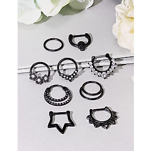 Vsnnsns 16G Septum Jewelry Septum Ring Piercing Jewelry Opal Septum Clicker Ring and Horseshoe Barbell Stainless Steel Ring Septum Nose Rings Hoop for Men Women Black 10mm 9pcs