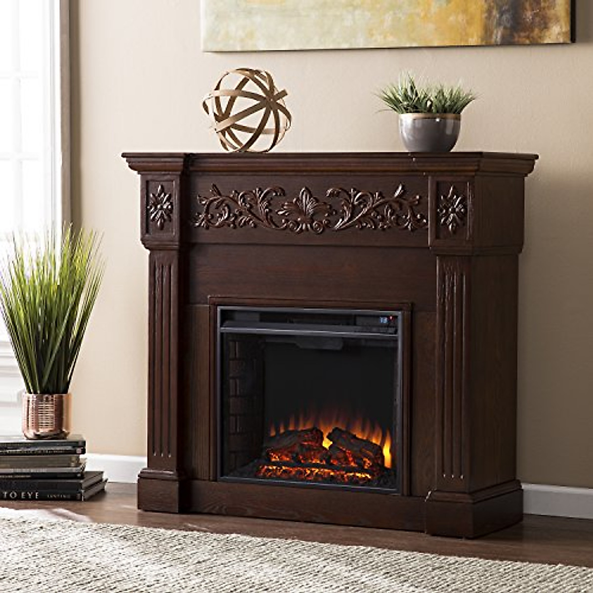 SEI Furniture Calvert Electric Carved Floral Trim Fireplace, Espresso (AMZ8729EF)