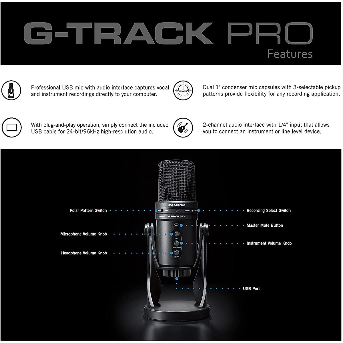 Samson G-Track Pro USB 24-bit Studio Condenser Mic with Audio Interface with The G-Track Pro Pop Filter and Cleaning Cloth - Top-Value Microphone Bundle