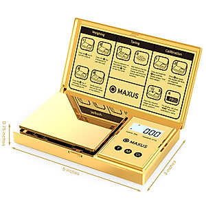 Digital Gram Scale with 200g x 0.01g Capacity, Stylish Gold Plated Cover and Platform for Accurate and Precise Weighing of Jewelry, Grains, and Food in Grams and Ounces