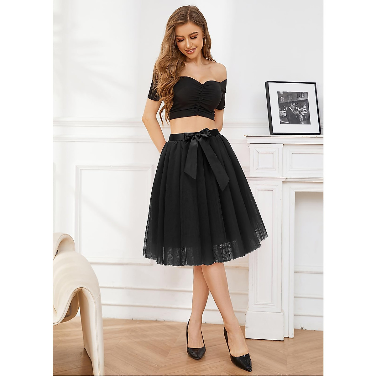 Black Tulle Skirt for Women 6 Layers Elastic Waistband Prom Party Dress Black S