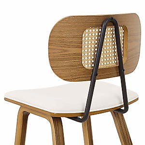 Counter Height Bar Stools Set of 2, Mid Century Modern Counter Stools, 26" Wood Kitchen Stool PU Leather Upholstered Barstool with Rattan Back, Counter Height Island Dining Bar Chair, Cream White