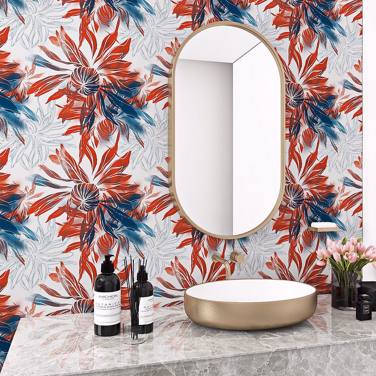 ReWallpaper 17.5in×23ft Floral Wallpaper Red and White Floral Peel and Stick Wallpaper Boho Blue Floral Petals Contact Paper for Cabinets Drawers Walls Blooming Flowers Wallpaper Waterproof Easy Apply