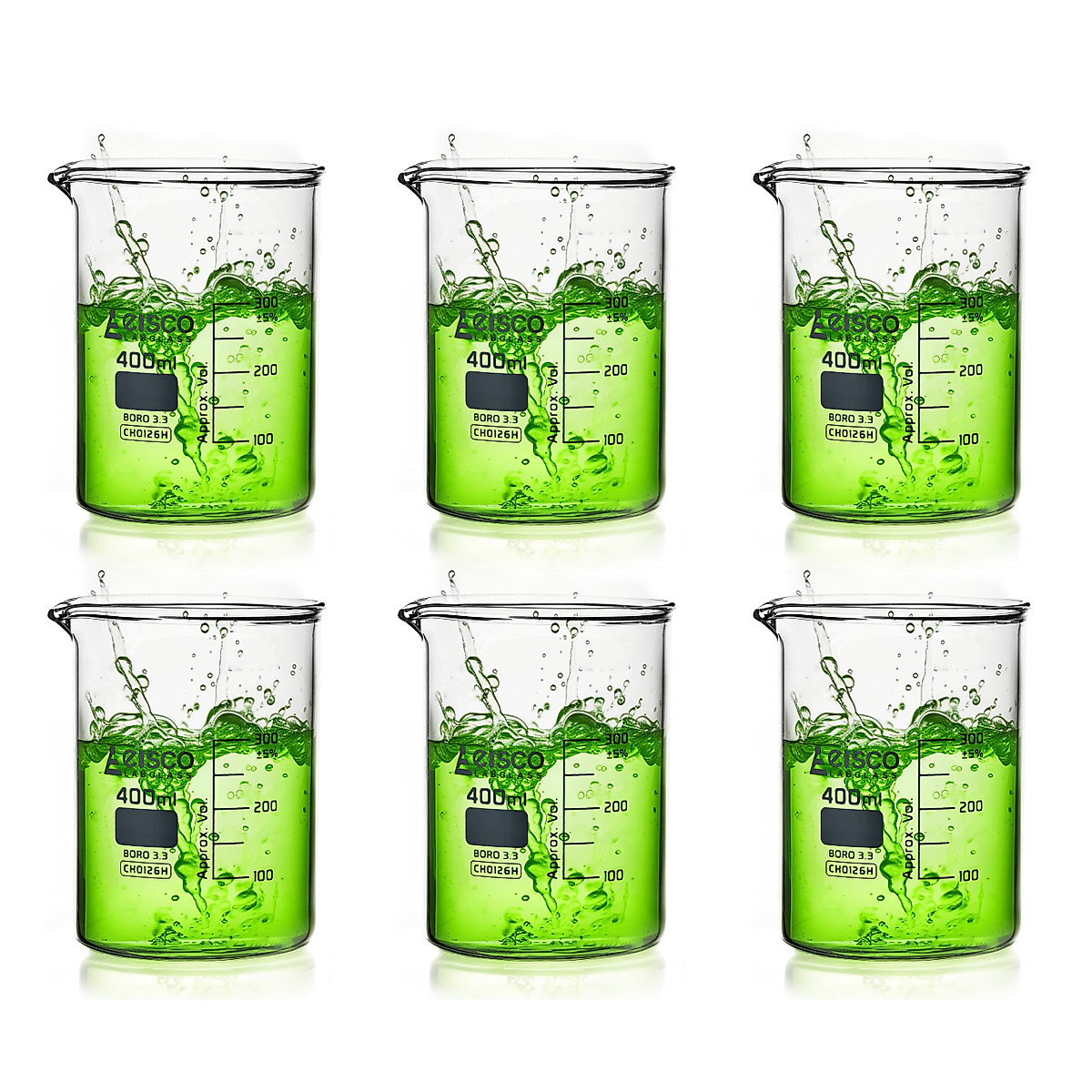 EISCO 6PK Beakers, 400ml - Griffin Style, Low Form with Spout - White, 50ml Graduations - Borosilicate 3.3 Glass