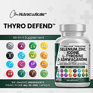 Selenium 300mcg Zinc 50mg Iodine 500mcg L Tyrosine 500mg Ashwagandha 6000mg - Thyroid Support Supplement for Women and Men with Bladderwrack, Turmeric, Kelp, Schisandra - Made in USA 60 Caps