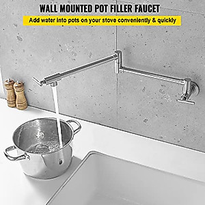 VEVOR Pot Filler Faucet, Solid Brass Commercial Wall Mount Kitchen Stove Faucet with Gold Brushed Finish, Folding Restaurant Sink Faucet with Double Joint Swing Arm & 2 Handles