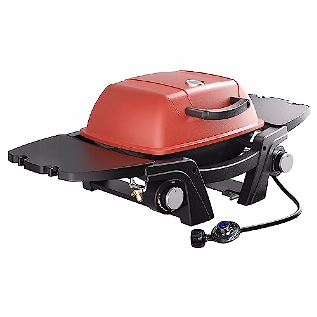 Portable Propane Gas Grill, 2-Burner Portable Gas Grill Small Tabletop Gas Grill, 24000BTU BBQ Outdoor Griddle Gas Grill with Removable Side Tables, Thermometer, Regulator, Gas Hose, Red