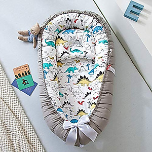 Vohunt Baby Lounger for Newborn,100% Cotton Co-Sleeper for Baby in Bed with Handles,Soft Newborn Lounger Adjustable Size & Strong Zipper Lengthen Space to 3 Tears Old(Gray Border Dinosaur)