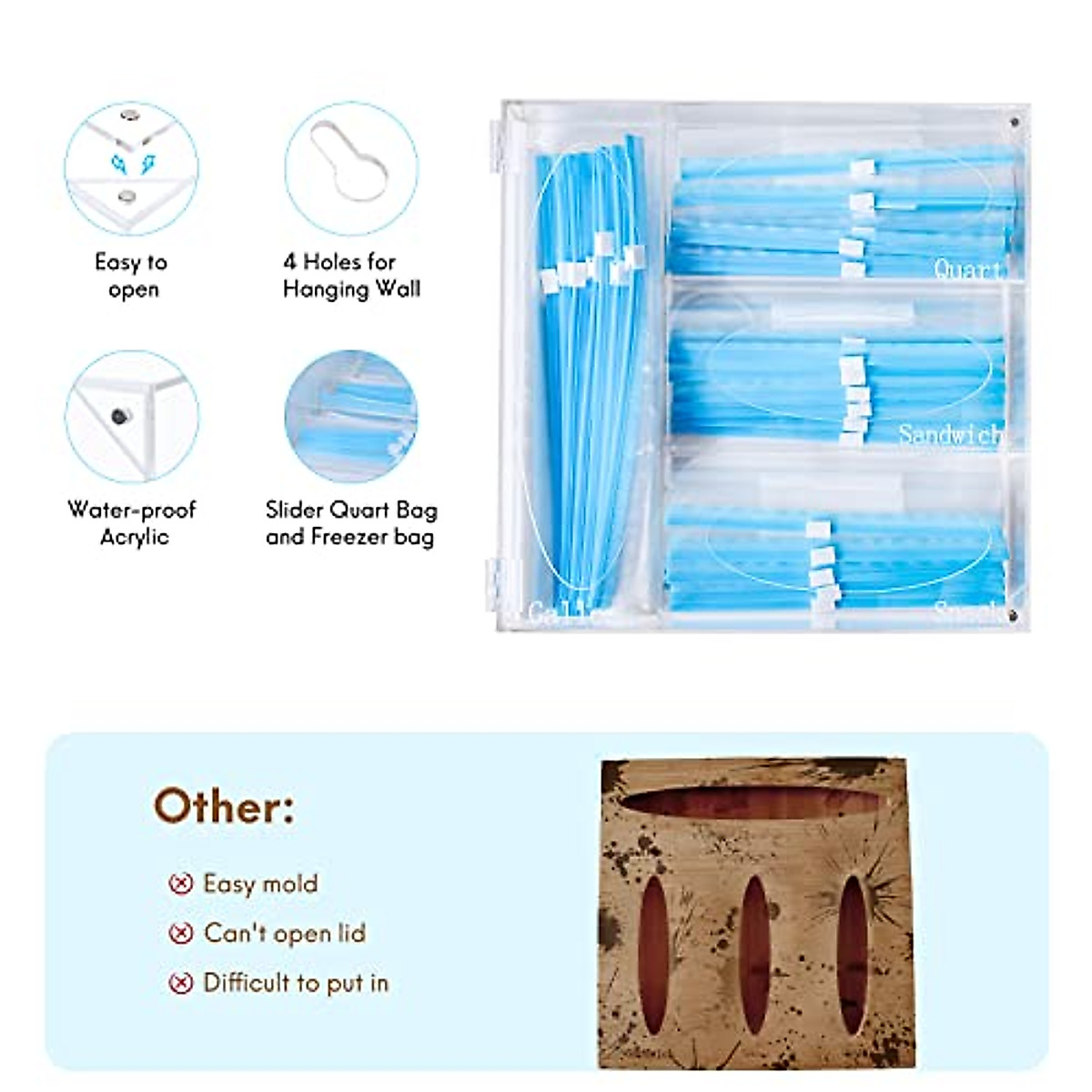 Ziplock Bag Storage Organizer, Acrylic Kitchen Drawer Baggie Box ,Compatible with Gallon, Quart, Sandwich and Snack Variety Size Bag (White)
