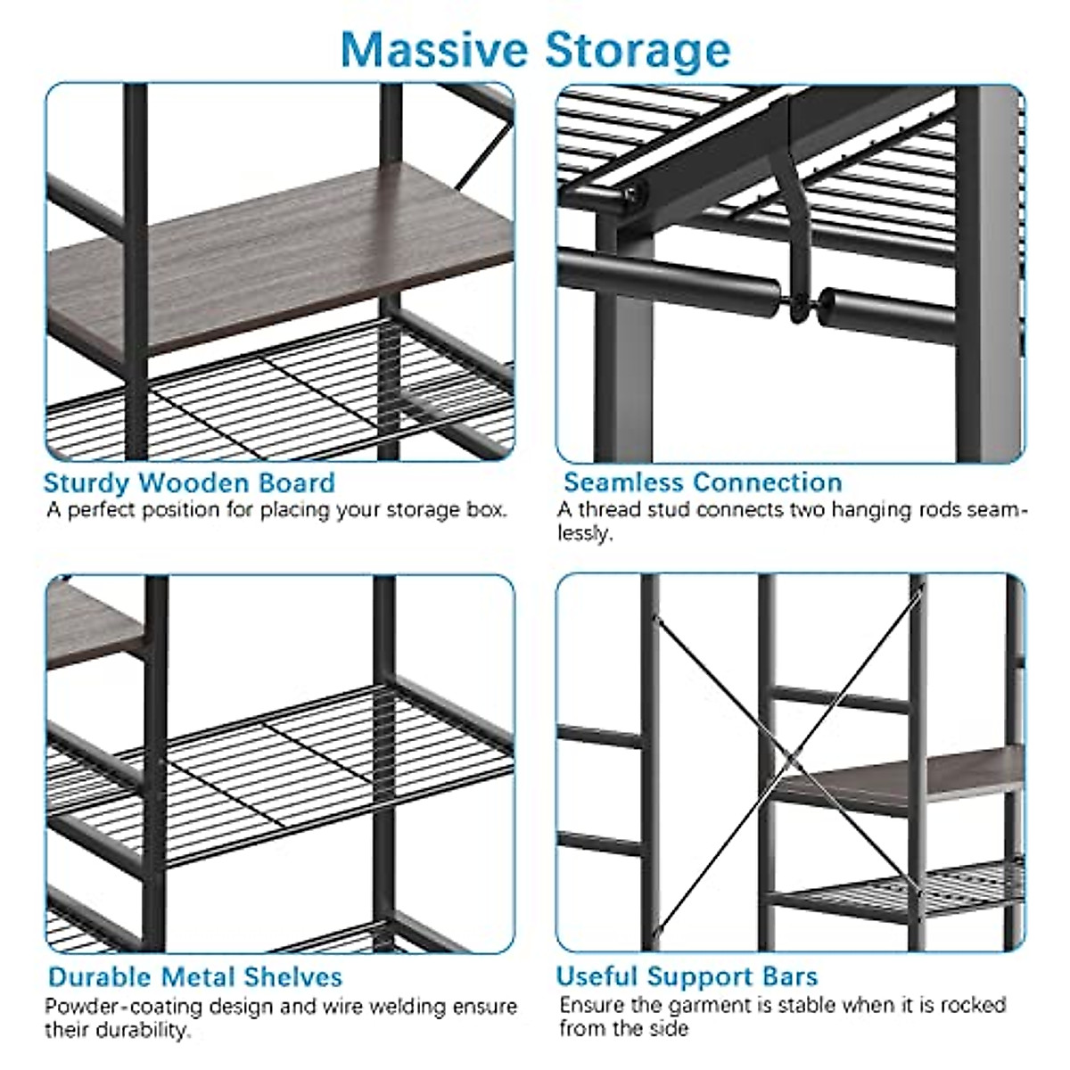 Timate P7 Garment Rack 6 Tier Clothes Rack Freestanding Wire Shelving Heavy Duty Wardrobe Closet Organizer Storage Black Metal Shelves with Dark Walnut Wooden Board, 2 Hanging Rods, Max Load 485lbs