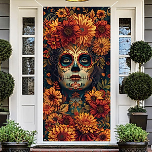 Dia De Los Muertos Door Cover Day of The Dead Porch Sign Banner Gothic Halloween Sugar Skull Marigold Flowers Decorations and Supplies for Home