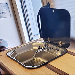 RV Sink Kitchen Bar Sink RV Stainless Steel Hand Wash Basin Sink with Folded Faucet Tempered Glass Lid Washbasin for Camper, Trailer, Caravan, RV, Home, Cafe, Bar, Boat