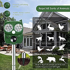 Kittmip 2 Pieces Ultrasonic Animal Repeller Solar Powered Animal Repellent Animal Deterrent Devices Waterproof with Motion Sensor Audible Alarm Flashing Light for Garden Cat Dog Mice Bird Deer