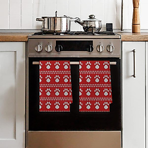 Christmas Pattern Red Paw Print Kitchen Towels and Dishcloths Set of 4-17.7" x 28.3" Absorbent Dish Towels with Hanging Loop Hand Towel for Farmhouse Bar Towels & Tea Towels