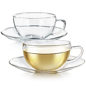 Teabloom Kyoto Teacup and Saucer Set 2-Pack – Medium Size – 8 OZ/ 240 ML Capacity – Crystal Clear Design – Premium Borosilicate Glass – Heat Resistant, Microwave Safe