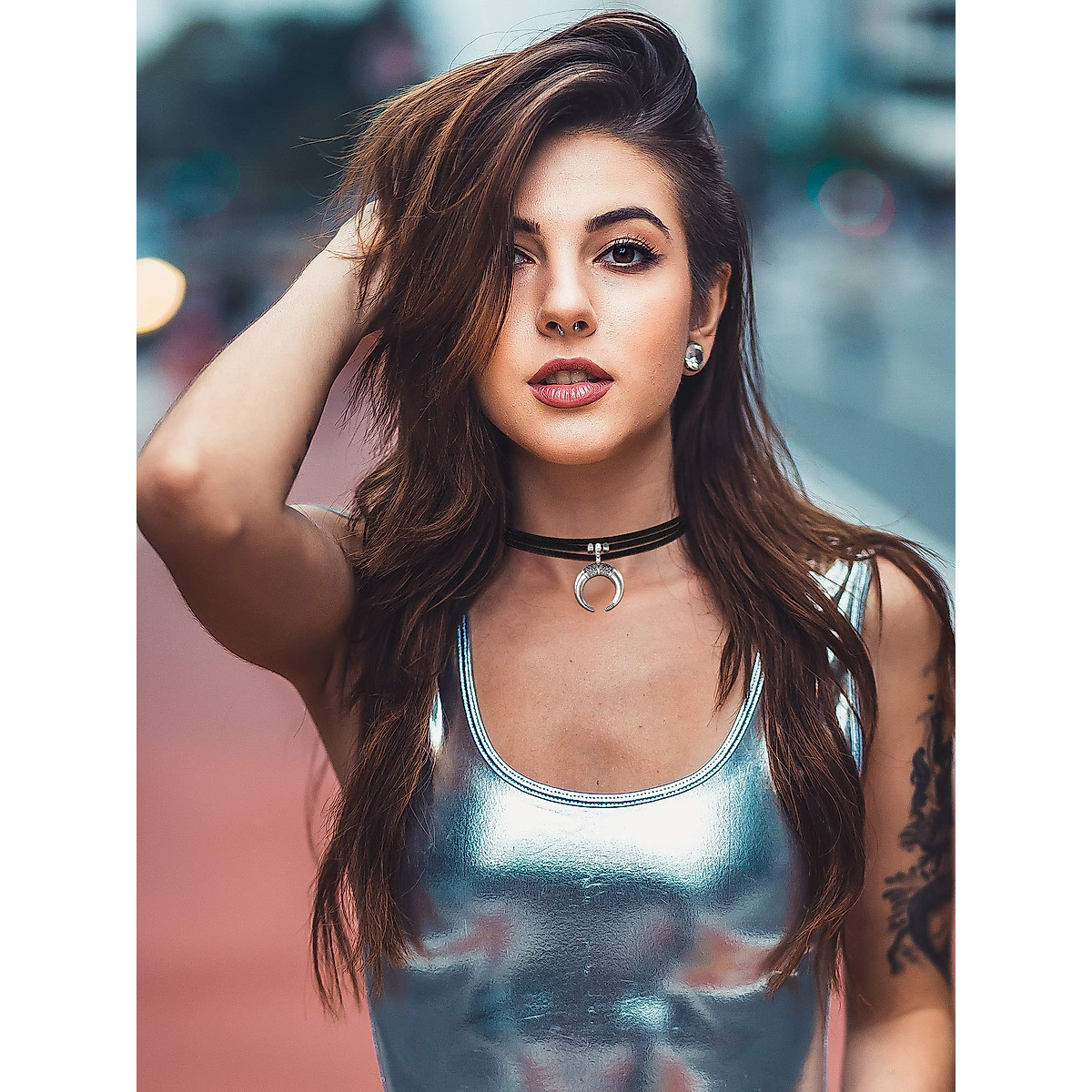 Hicarer 3 Pieces Suede Choker Necklaces American Indian Feather Handmade Necklaces Adjustable Leather Turquoise Choker Necklace Moon Crescent Pendant Choker for Women Accessories