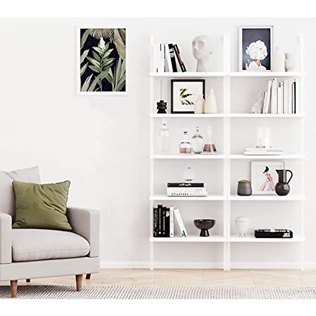 Karl home Ladder Shelf 5 Tier Wall Mounted Bookcase with Metal Frame, Open Design Shelves for Living Room, Bedroom, Home, Office, White (23.62" L x 11.81" W x 70.87" H)