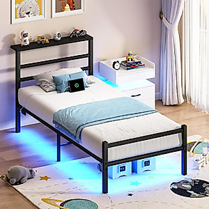 REVOMINCA Twin Bed Frame with Charging Station, Metal Platform Bed Frame with LED Lights, Storage Headboard, Heavy Duty Steel Slats, No Noise, Easy Assembly