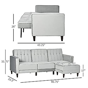 HOMCOM Upholstered L-Shaped Sofa Bed, Reversible Sectional Recliner Sofa Set, Velvet-Feel Sleeper Futon with Footstool, Grey