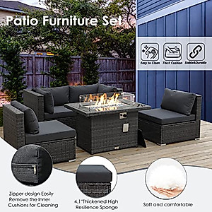 RADIATA 5 Piecess PE Wicker Patio Furniture Set Sectional High Back Large Size Sofa Sets with Propane Fire Pit Table 55000 BTU Balcony Backyard Rattan Conversation Sets for Outdoor（Dark Gray）