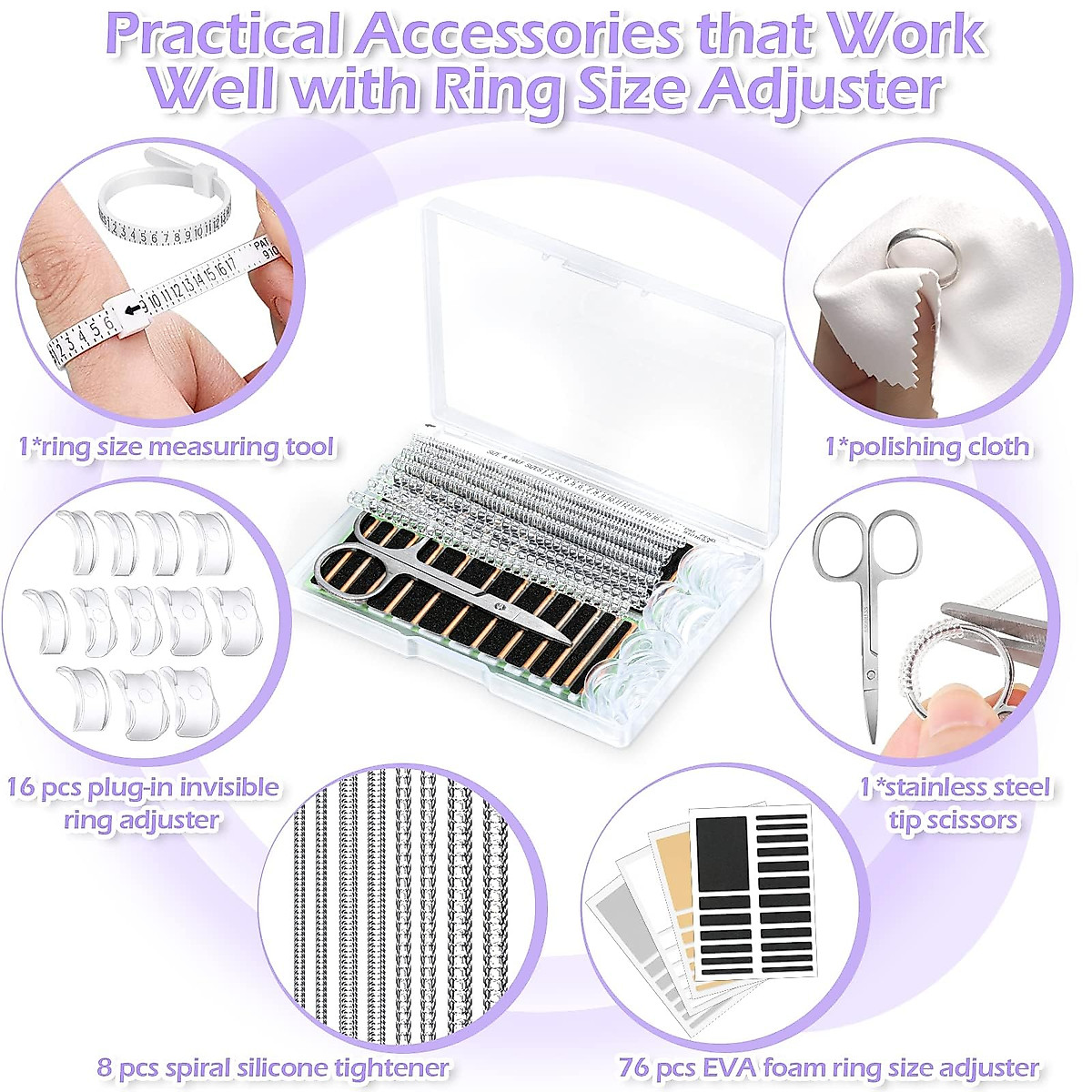 100 Pcs Ring Size Adjuster with Ring Size Measuring Tool for Loose Rings, Plug-in Invisible Ring Spiral Silicone Tightener EVA Foam Ring Size Adjuster Set with Polishing Cloth Fit Any Rings Sizes.