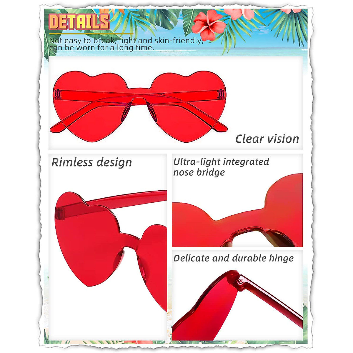 PARSUP 14 Pairs Heart Shaped Rimless Frameless Sunglasses Transparent Candy Color Glasses Tinted Eyewear Bachelorette Party Favors Photo Booth Props,14 Colors