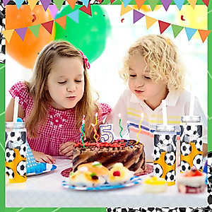 Domensi 24 Pack Cups 14.2 oz Plastic Tumbler with Lid and Straw Clear Reusable Cups with Lids and Straws Cups for Birthday Sports Themed Party Supplies(Soccer)