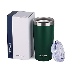 SUNWILL Travel Coffee Tumbler 20 oz, Insulated Mug with Lid, Stainless Steel Cup for Outdoor, Powder Coated Dark Green