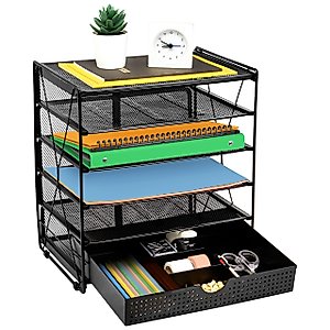 CAXXA 5 Tier Mesh Letter Tray, Desk File Organizer, Desktop Paper Tray Holder with Drawer, Black
