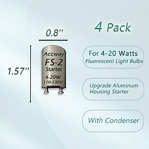 Accway 4pack Aluminum Housing FS-2 Fluorescent Starter for 4-20 watts, FS-2/S2 Preheat Fluorescent Light Bulbs Starter with Condenser