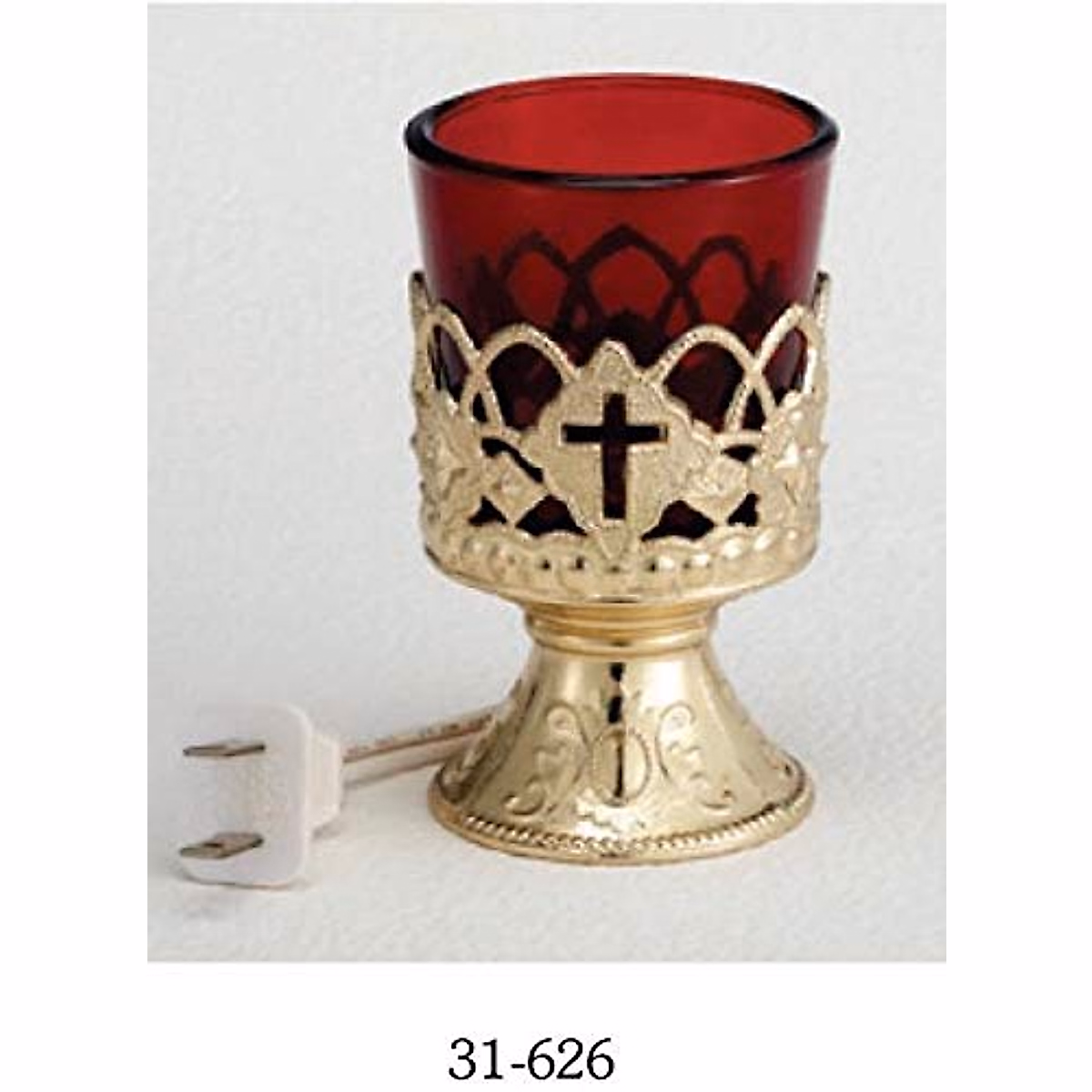 Electric Votive Stand - 4 Inch Gold Plated Metal with Ruby Glass - Boxed