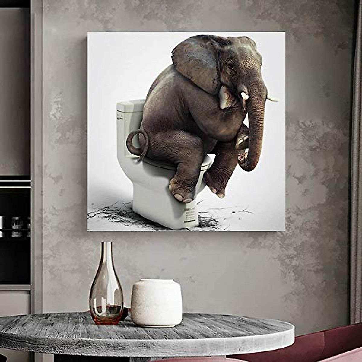 Chucoco Oil Paintings on Canvas Funny Elephant Sitting on the Toilet Abstract Wall Art Print with Framed Ready to Hang, Living Room Kitchen Bedroom Home Decorations 20x20 inch