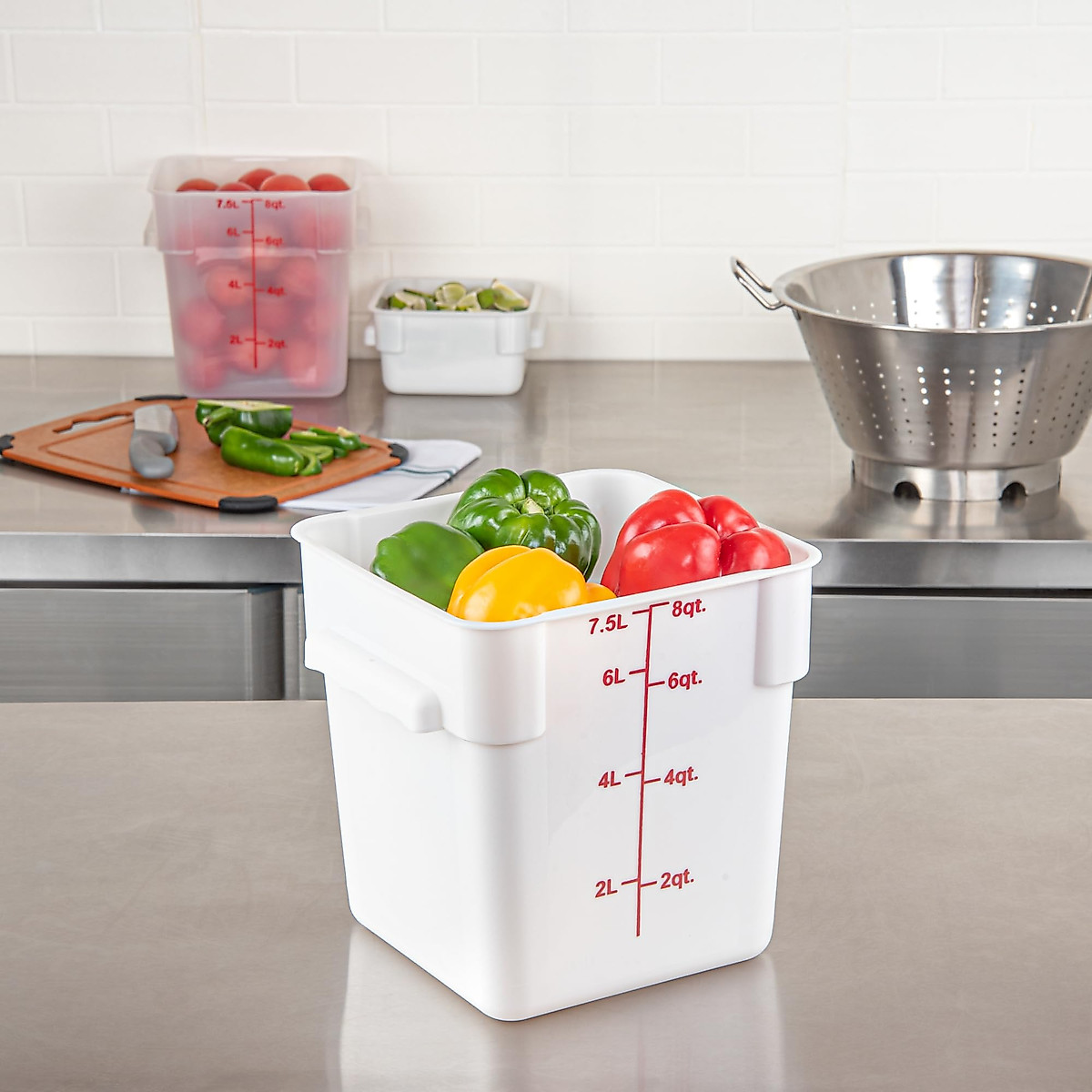 Restaurantware - Met Lux 8 Quart Food Storage Containers, 10 White Storage Containers - Lids Sold Separately, Red Volume Markers, Dishwashable Containers, Side Handles, For Storing Foods