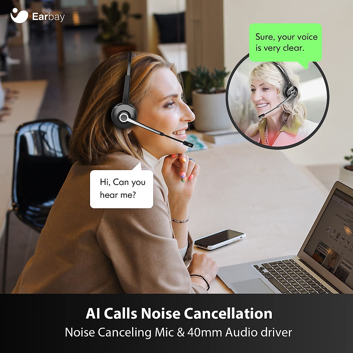 Earbay Trucker Bluetooth Headset, Wireless Headset with Microphone Noise Canceling & USB Dongle, Bluetooth Headphones with Mic Mute & Charging Base for PC Computer/Phones/Office/Zoom/Skype/Meeting