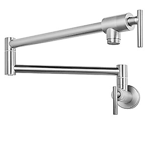 Launceter Pot Filler Faucet, Wall Mount Pot Filler Solid Brass Brushed Nickel Kitchen Faucets, Double Joint Swing Arm Kitchen Sink Pot Filler Faucets, Single Hole with 2 Handles(Brushed Nickel)