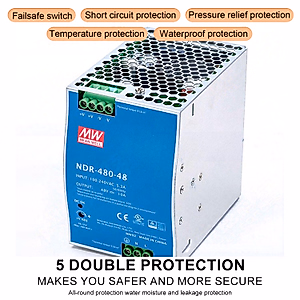 DynMach NDR-480-48 Industrial DIN Rail Power Supply 480W, 48V, 10A, High-Efficiency 93%,90-264VAC Universal Input, Reliable & Durable for Advanced Manufacturing, Automation & Scientific Research