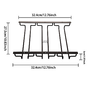 Dianoo 27.5cm Black Wine Glass Rack Under Cabinet, Wine Glasses Storage Hanger, Hanging Stemware Rack For Bar Dining Room, 3 rows