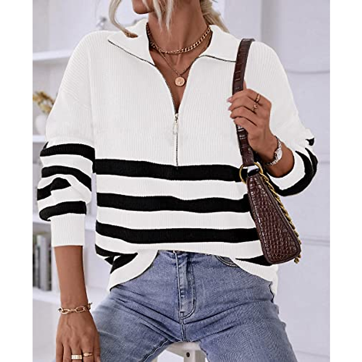 BTFBM Women 2023 Casual Long Sleeve Zip Striped Pullover Sweaters V Neck Collar Ribbed Knit Fall Winter Slouchy Jumpers (Striped White, Large)