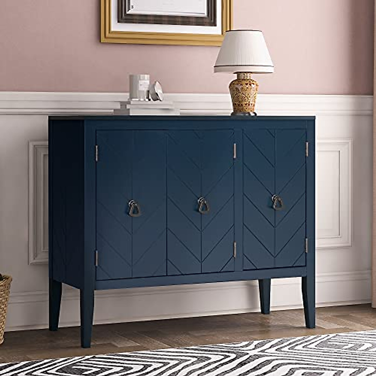 XD Designs Wood Console Table Sofa Table, Sideboard Buffet Storage Cabinet with 2 Adjustable Shelf, Vintage and Unique Medieval Style, Accent Furniture, Easy to Assemble (Navy Blue-1)