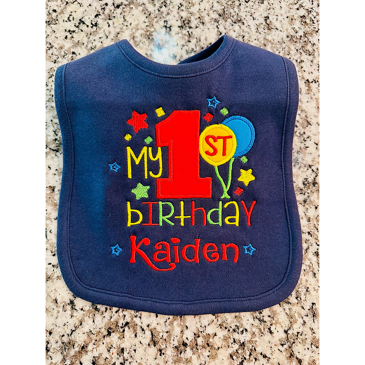 Fantasy Kids Designs First Birthday Boy Bib Personalized with Baby Name (Navy Blue Bib/Red)