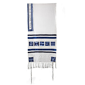 EMANUEL Yair Tallit Prayer Shawl Set with Yarmulke and Tallis Bag | Silk Embroidered Geometric Square Design (Blue TAH-5B)