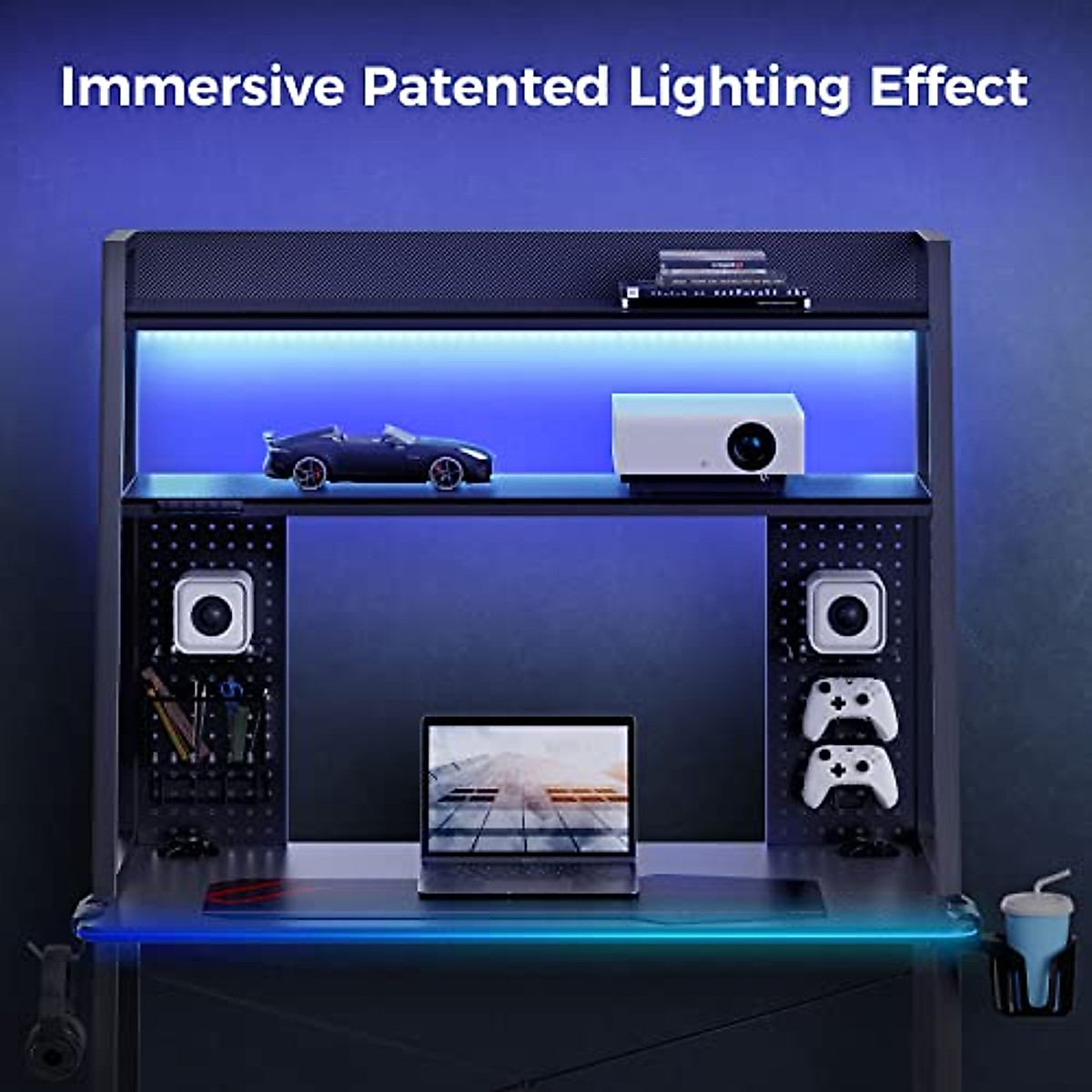 EUREKA ERGONOMIC LED Gaming Desk with Shelves, Dual Pegboards, 43'' Computer PC Desk with Hutch Storage, Gaming Table Ladder Desk with Mouse Pad, Cup & Headphone Holder, Teens Study, Small Space