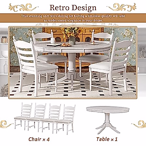 ERYE 5 Pieces Functional Furniture, Retro Style Set Round Extendable Table and 4 Upholstered Chairs for Dining Room & Kitchen Living Space, Brown, Antique White
