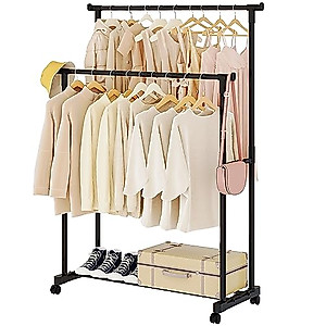 Calmootey Double Rods Clothing Garment Rack, Rolling Clothes Rack with Wheels, Hanging Clothes Organizer for Bedroom, Hallway, Black