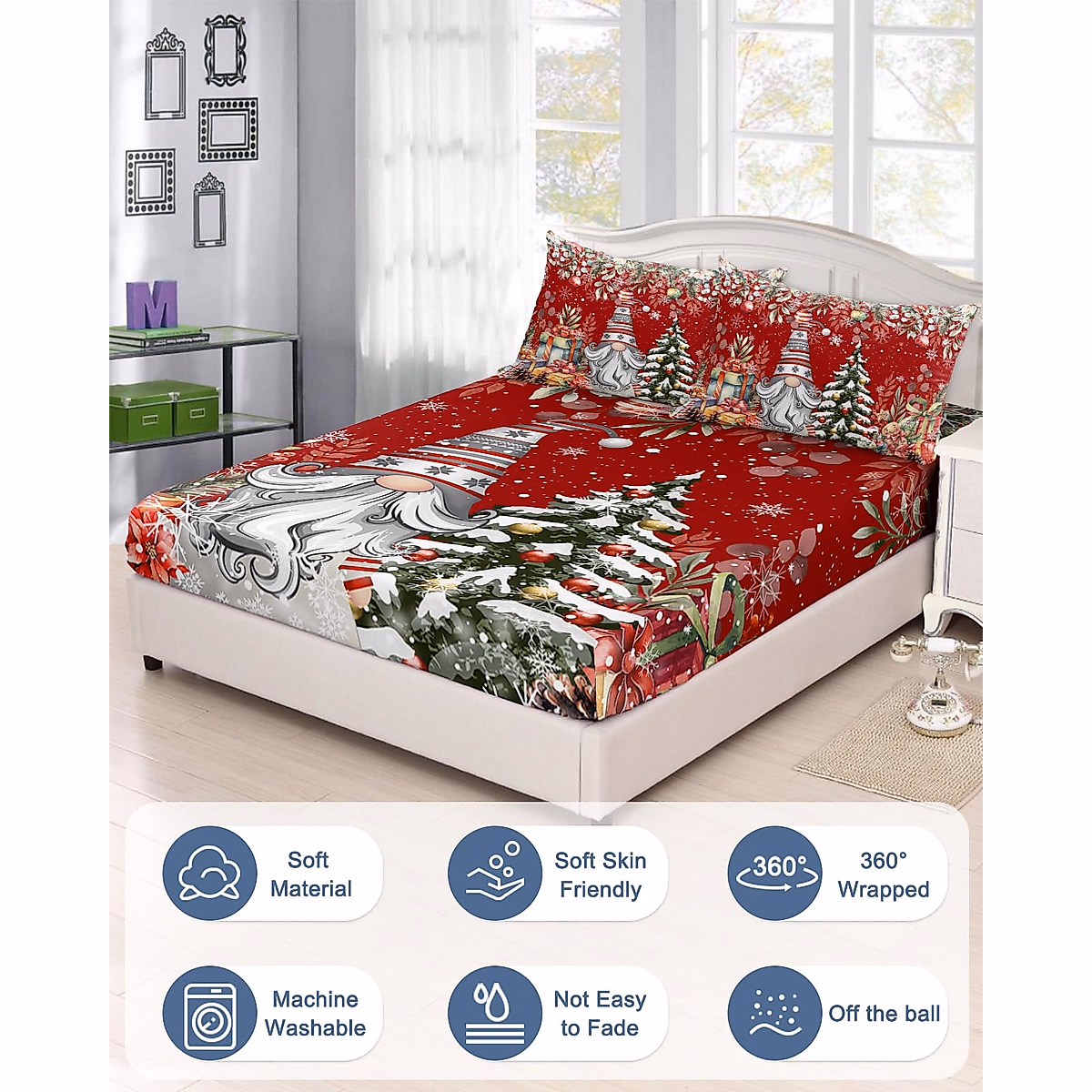 Red Christmas Fitted Sheet Set for Full Size Bed,Gnome Xmas Tree 3 Pieces Bedding Deep Pocket Bedsheet Fits Mattress Up to 16",Bottom Sheets for Bedroom Decor,Botanical Leaves