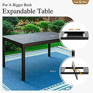 Sophia & William 9 Pieces Expandable Patio Dining Set for 8, Metal Patio Table and Rattan Wicker Chairs Set, All Weather Rectangular Outdoor Dining Table and Chairs for Backyard Garden Porch Deck