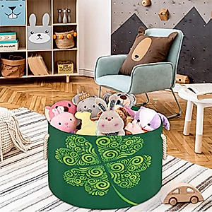 Lucky 4 Leaf Clover Dark Green Large Round Baskets for Storage Laundry Baskets with Handles Blanket Storage Basket for Bathroom Shelves Bins for Organizing Nursery Hamper Girl Boy