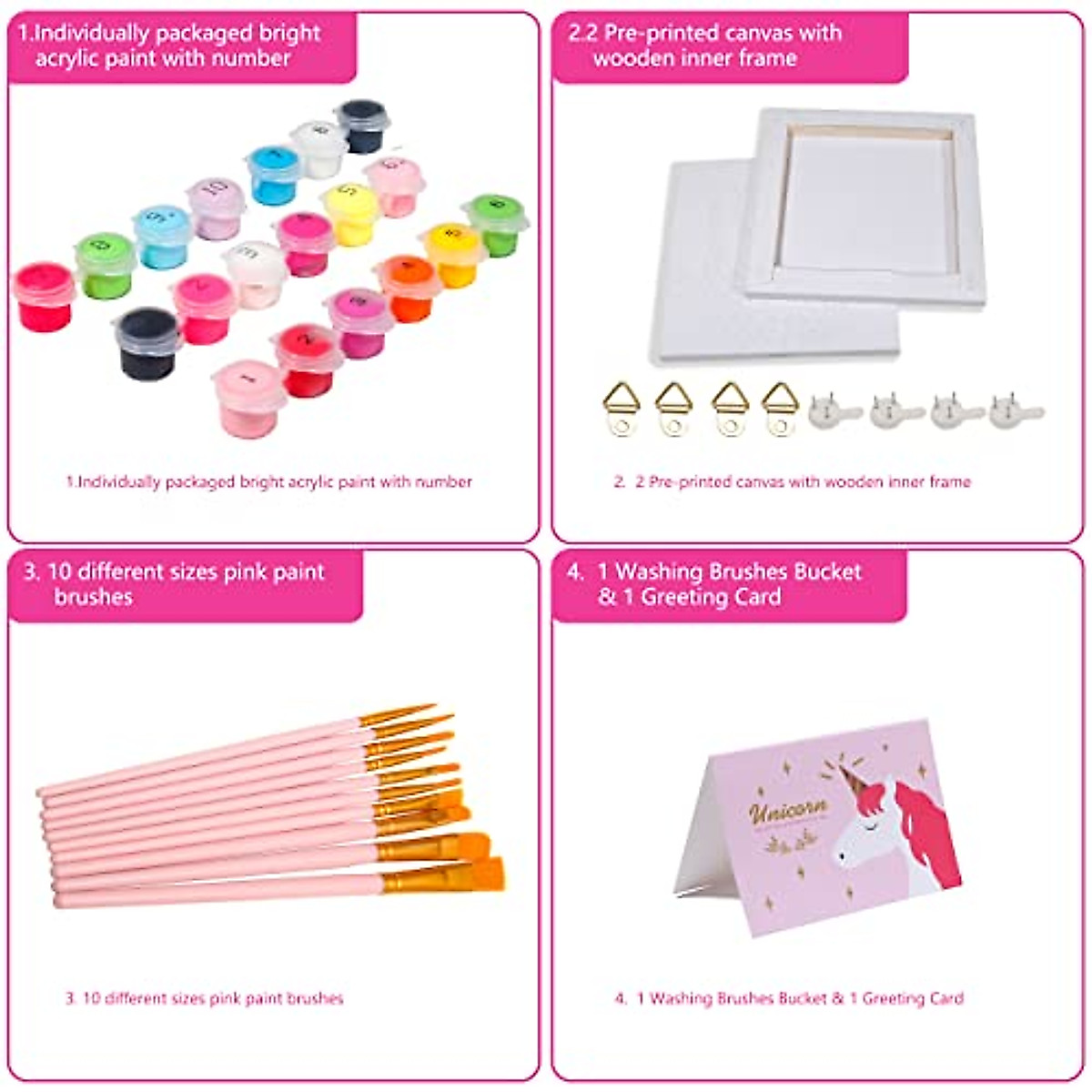 AUGVO Paint by Numbers for Kids, 2 Pcs Paint by Numbers for Kids Ages 4-8 Beginner, for Unicorn DIY Oil Painting Gift Kits, 8 x 8” Pre Drawn Canvas, Christmas Gift for Kids