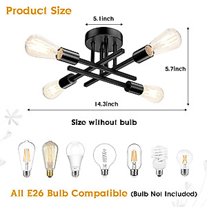 TOBUSA Semi Flush Mount Ceiling Light Fixture Matte Black, Modern Sputnik Close to Ceiling Light, Chandelier Light Fixture Ceiling for Bedroom Kitchen Living Room Dining Room, 4 Light E26 Socket